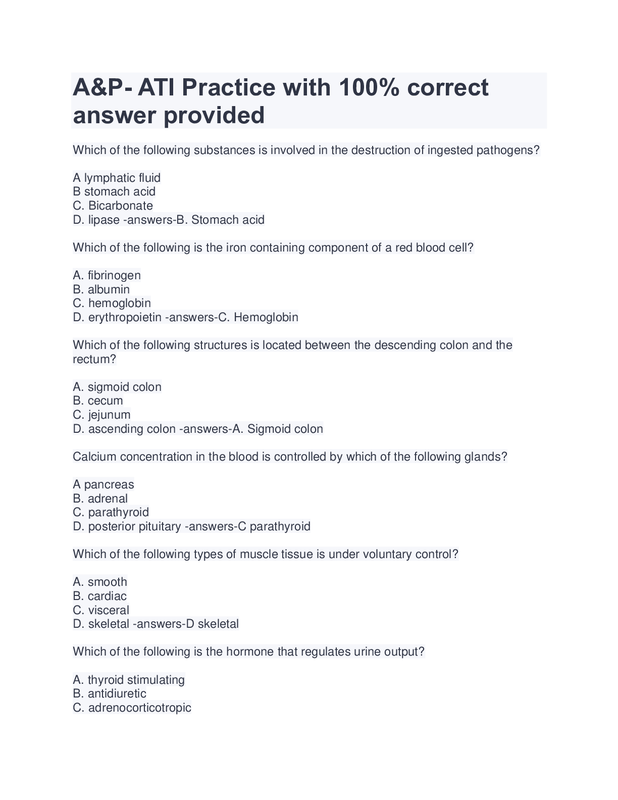 A&P- ATI Practice with 100% correct answer provided - Scholarfriends