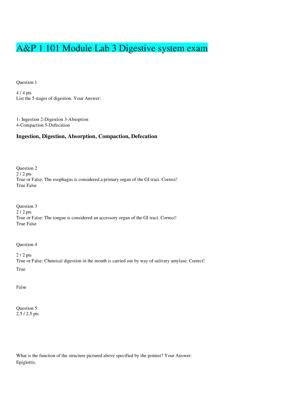 A&P 1 101 Module Lab 3 exam 3 Digestive system - Scholarfriends
