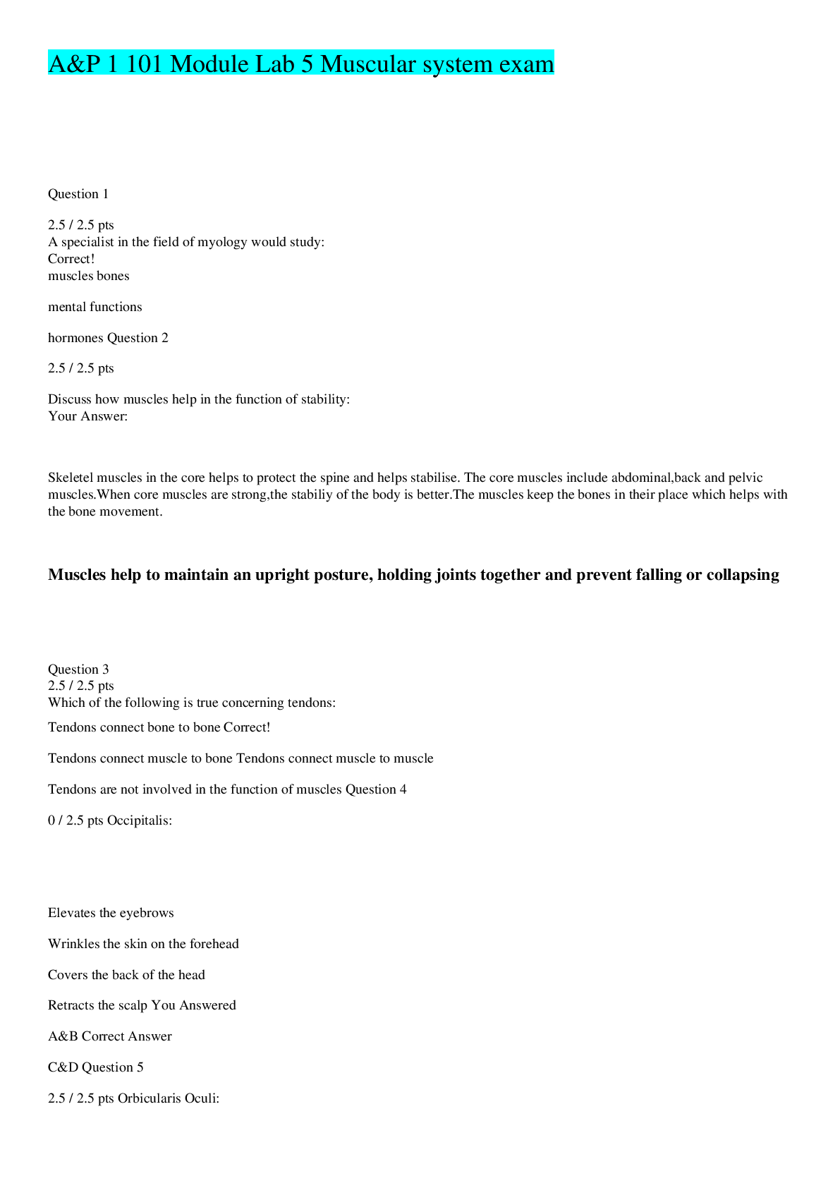 A&P 1 101 Module Lab 5 Exam 5 Muscular system - Scholarfriends