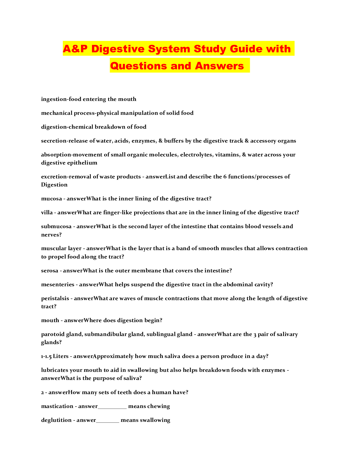 A&P Digestive System Study Guide with Questions and Answers ...