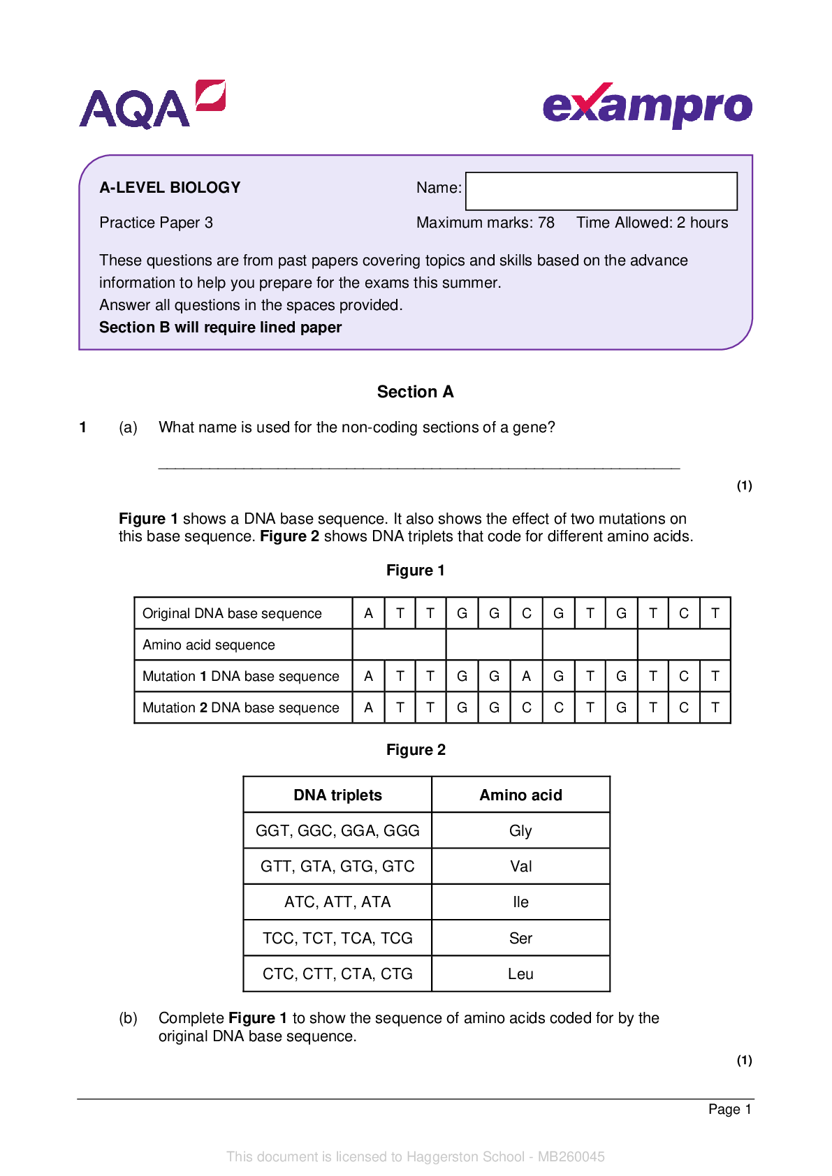 AQA_A-LEVEL BIOLOGY. Exampro. QUESTION PAPER. Practice Paper 3. Maximum ...