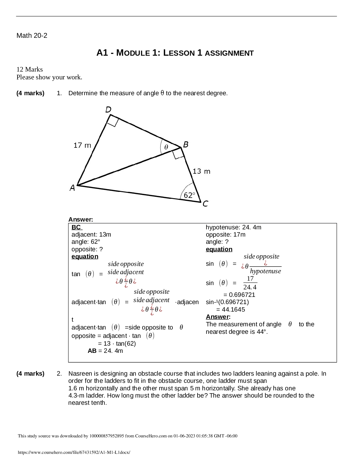 ASSIGNMENT > A1-M1_ L1 Alberta Distance Learning Centre MATH 20-2. Q&A ...