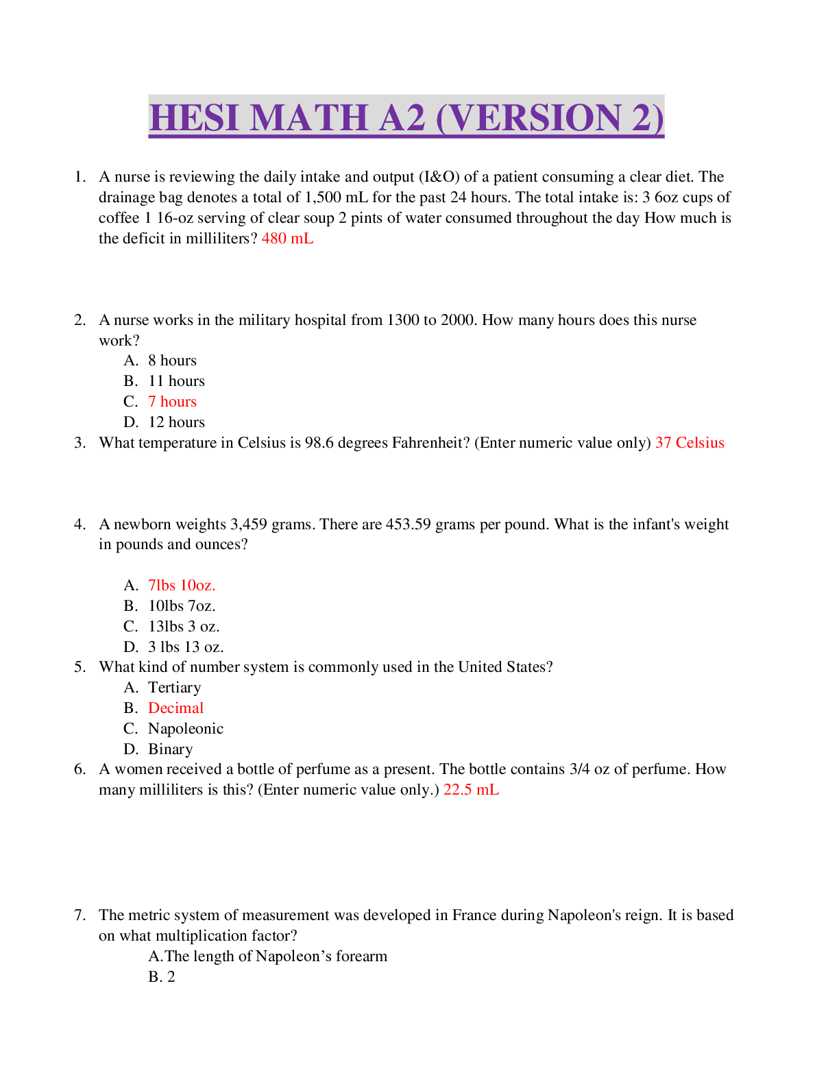 HESI MATH A2 (VERSION 2) ACTUAL EXAM COMPLETE GUIDE SOLUTION (2021/2022 ...