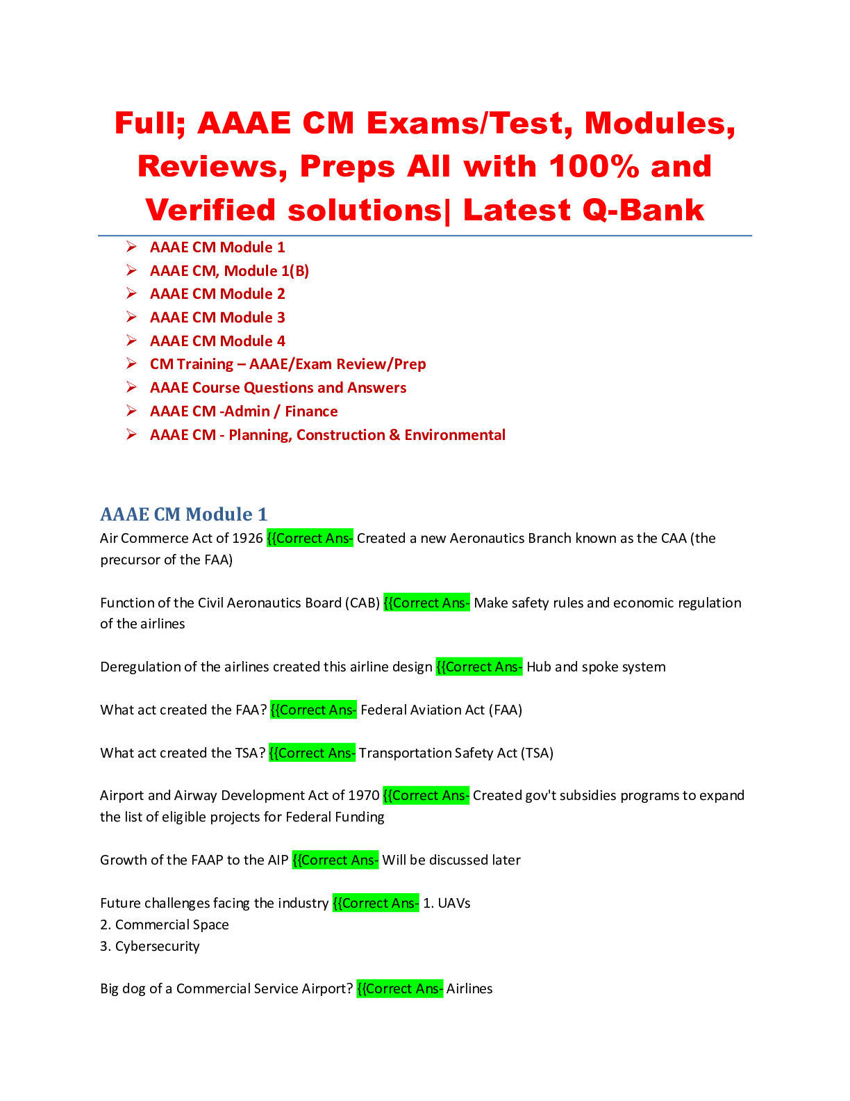 Full; AAAE CM Exams/Test, Modules, Reviews, Preps All with 100% and ...