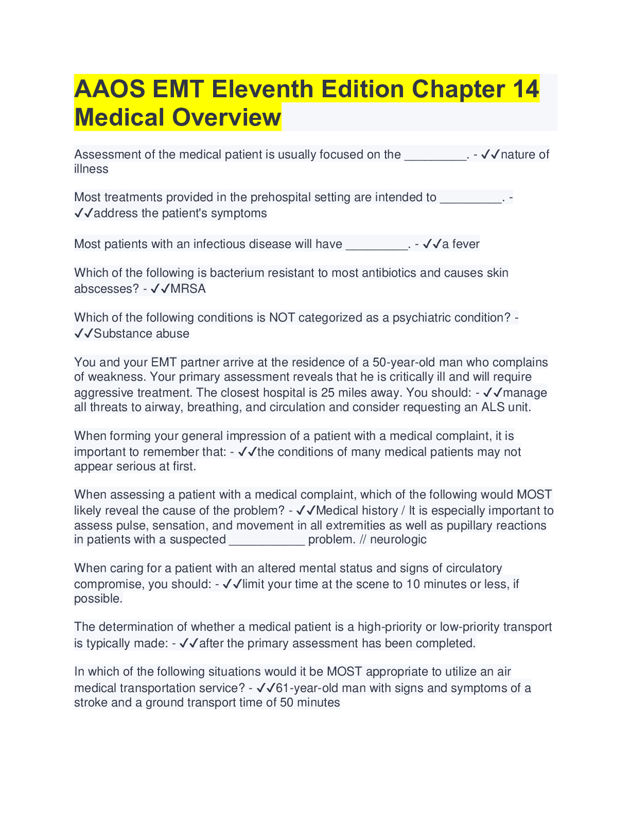 AAOS EMT Eleventh Edition Chapter 14 Medical Overview - Scholarfriends