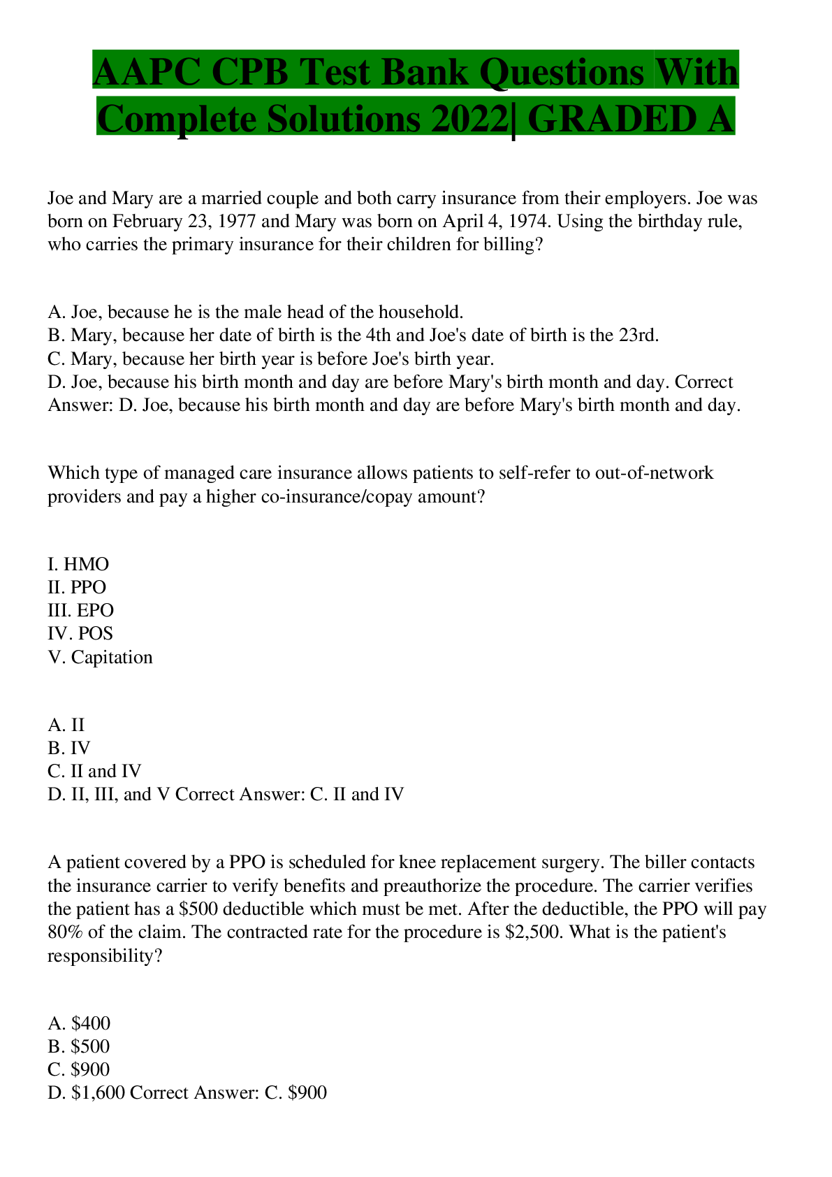 AAPC CPB Test Bank Questions With Complete Solutions 2022| GRADED A ...