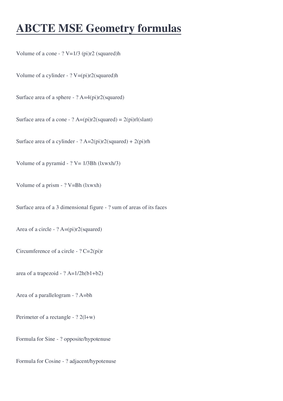 ABCTE MSE Geometry formulas - Scholarfriends