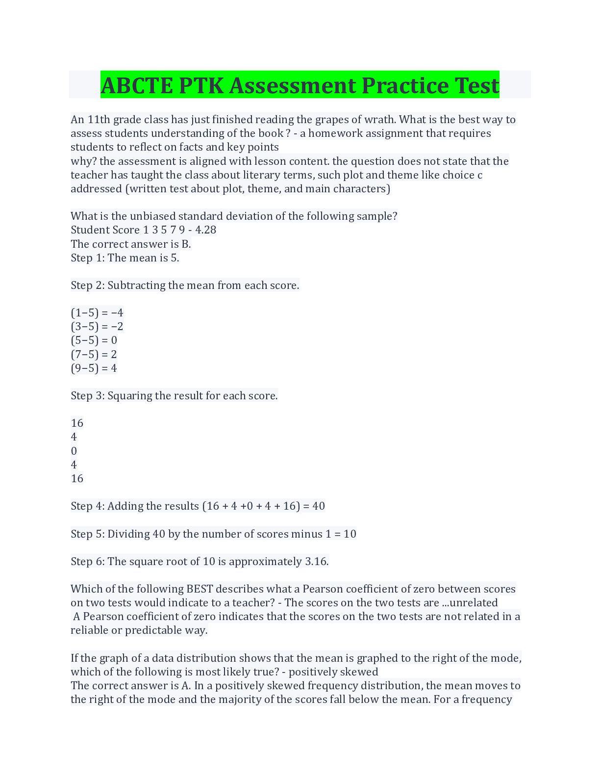 ABCTE PTK Assessment Practice Test With Complete Solution Rated A ...