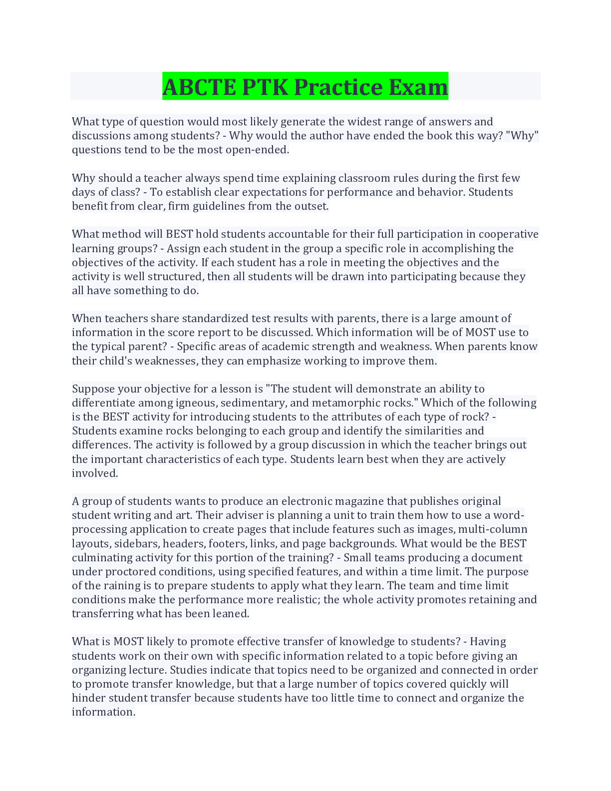 ABCTE PTK Practice Exam Latest Update Questions And Answers ...