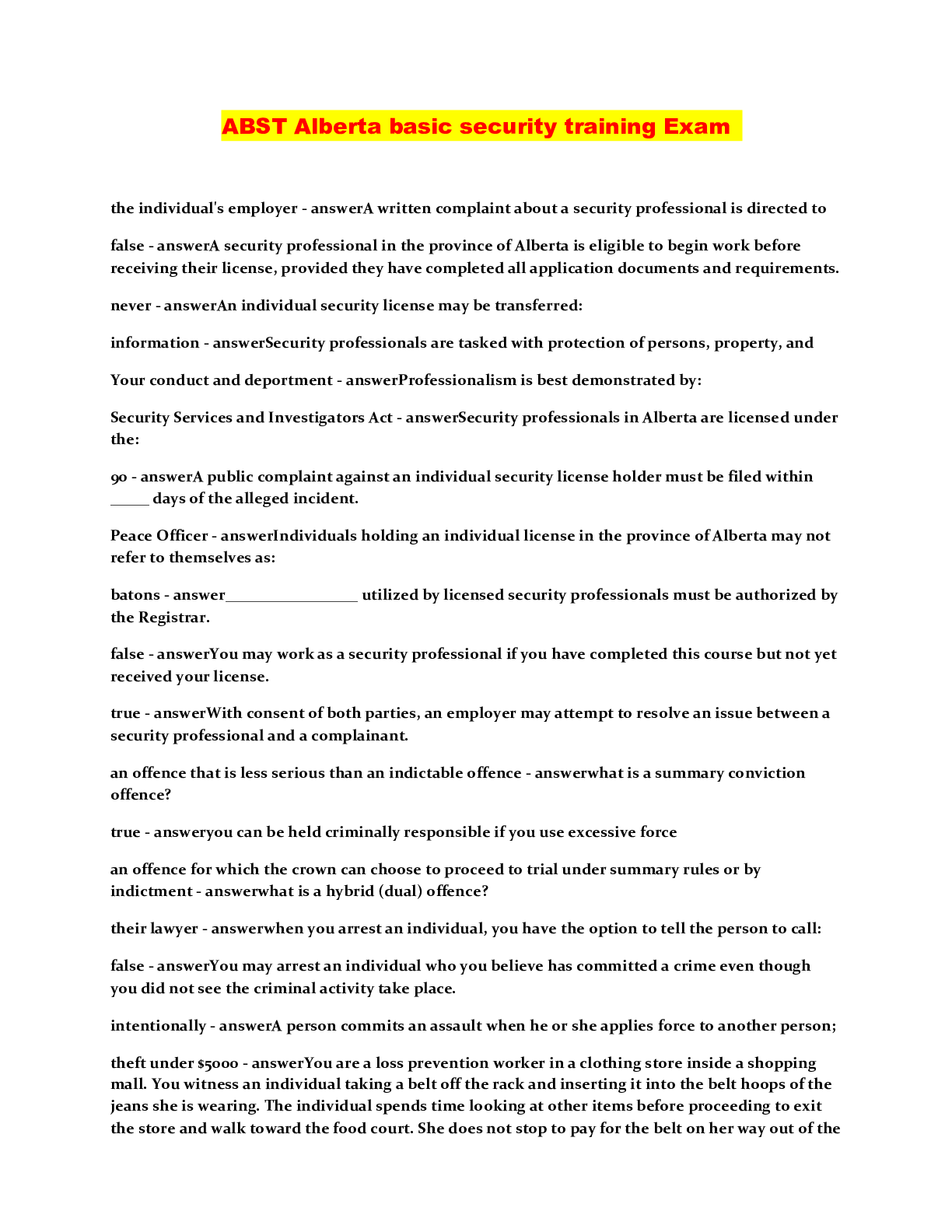 ABST Alberta basic security training Exam – Scholarfriends - Scholarfriends