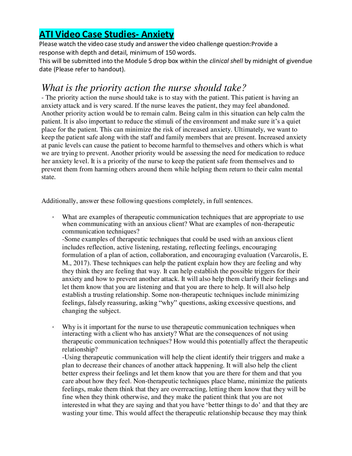 ATI Video Case Studies- Anxiety - Scholarfriends