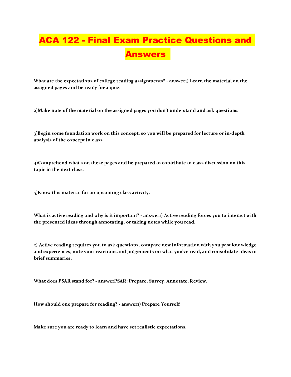 ACA 122 - Final Exam Practice Questions and Answers - Scholarfriends