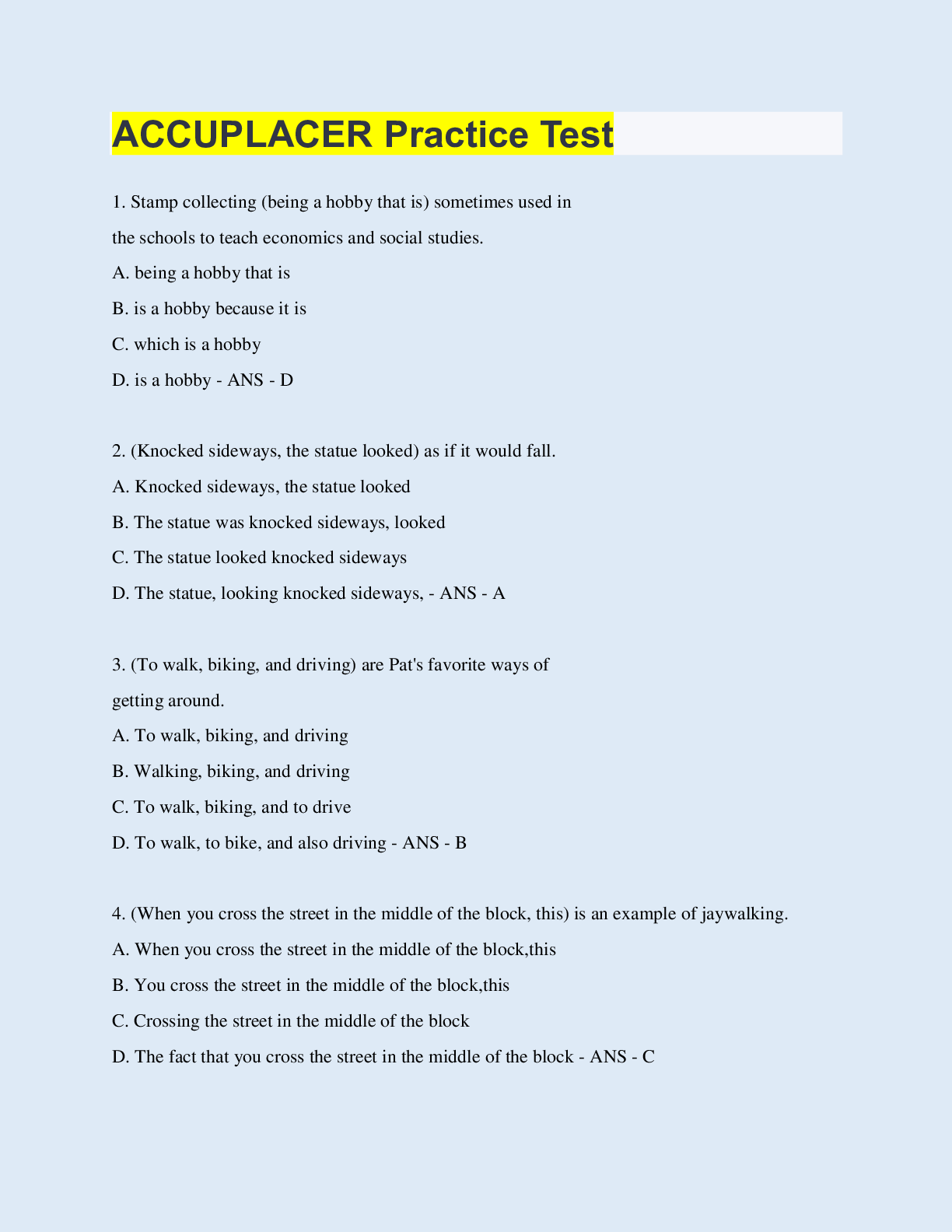 ACCUPLACER Practice Test | 140 Questions with 100% Correct Answers ...