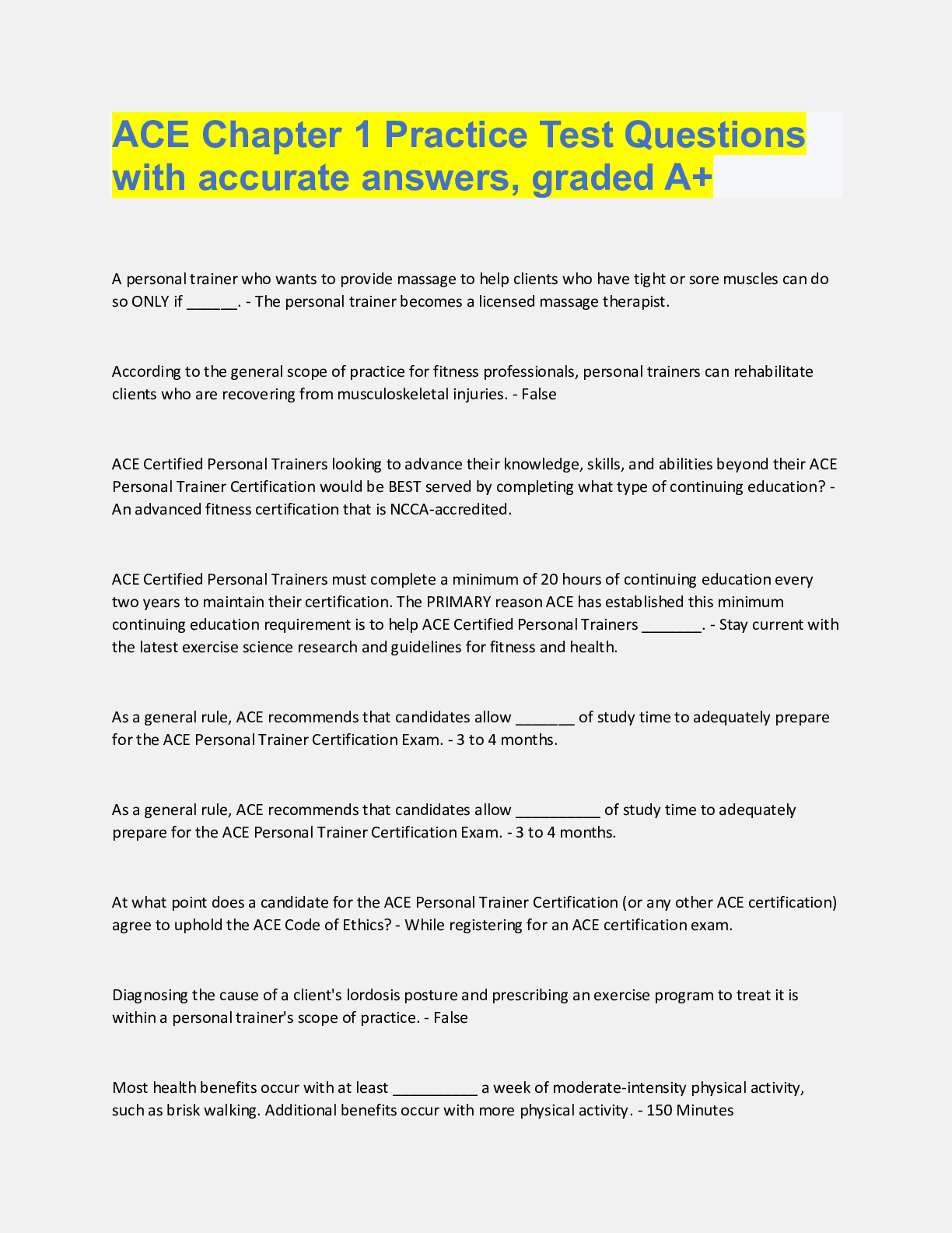 ACE Chapter 1 Practice Test Questions with accurate answers, graded A+ ...
