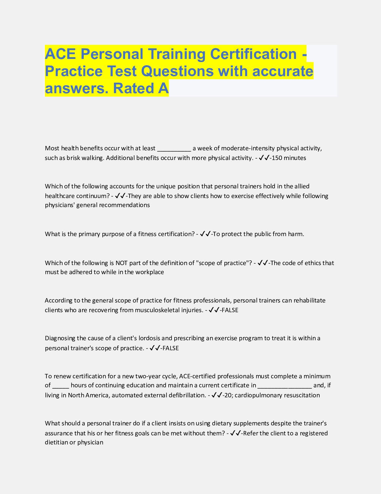 ACE Personal Training Certification Study Guide (Answered 100%) 2022/ ...