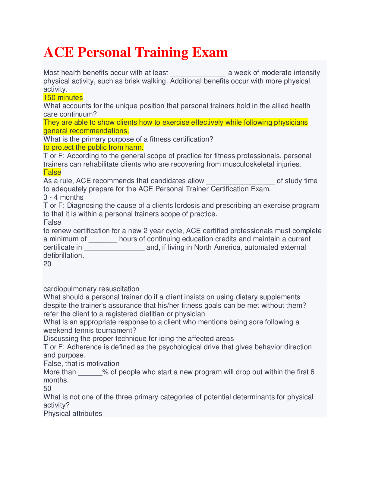 ACE Personal Training Exam Questions with Verified Answers/Score A+ ...