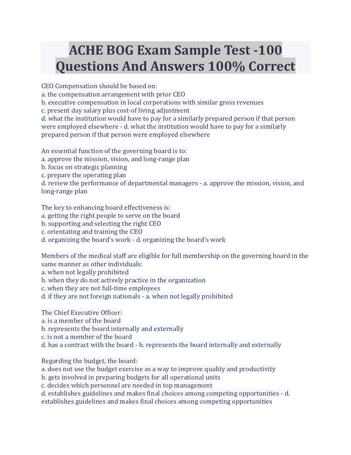 ACHE BOG Exam Sample Test -100 Questions And Answers 100% Correct ...