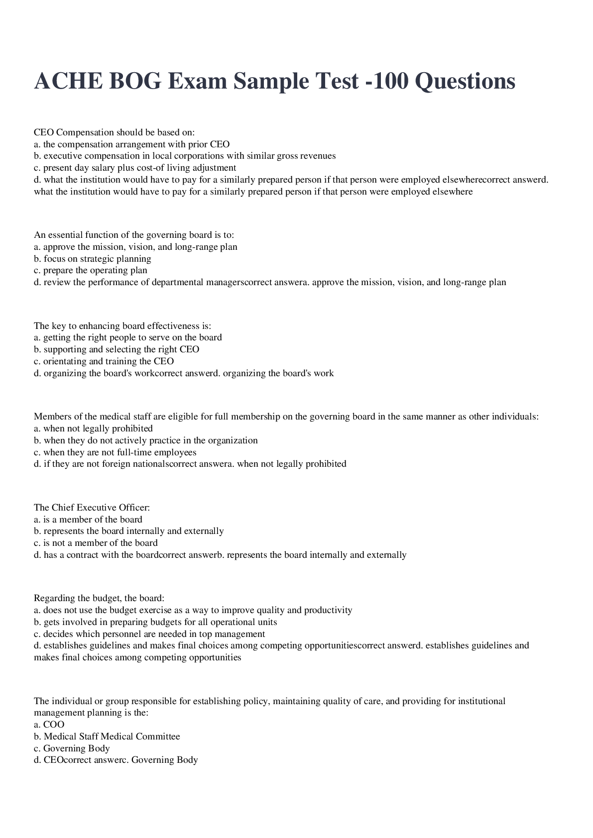 ACHE BOG Exam Sample Test -100 Questions - Scholarfriends