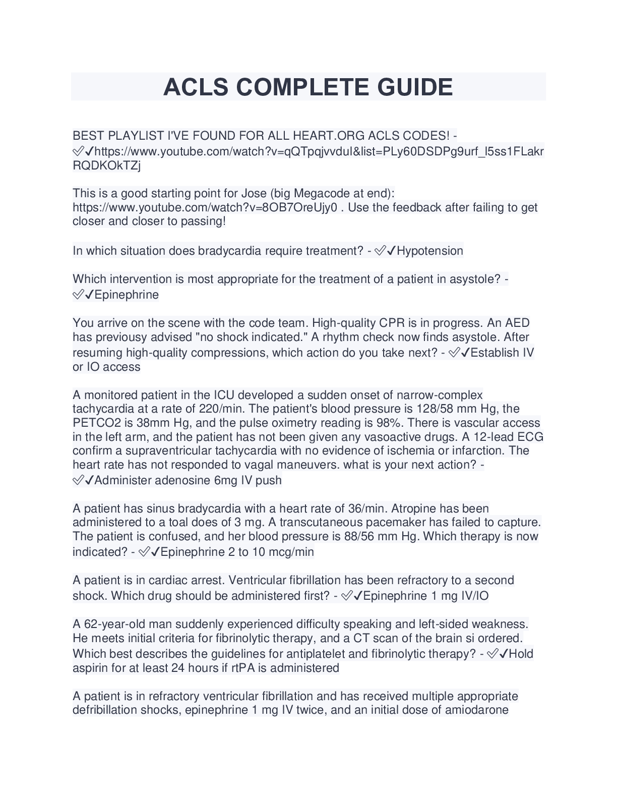 ACLS COMPLETE GUIDE FOR EXAM PREPARATION (LATEST 2023/2024 ...