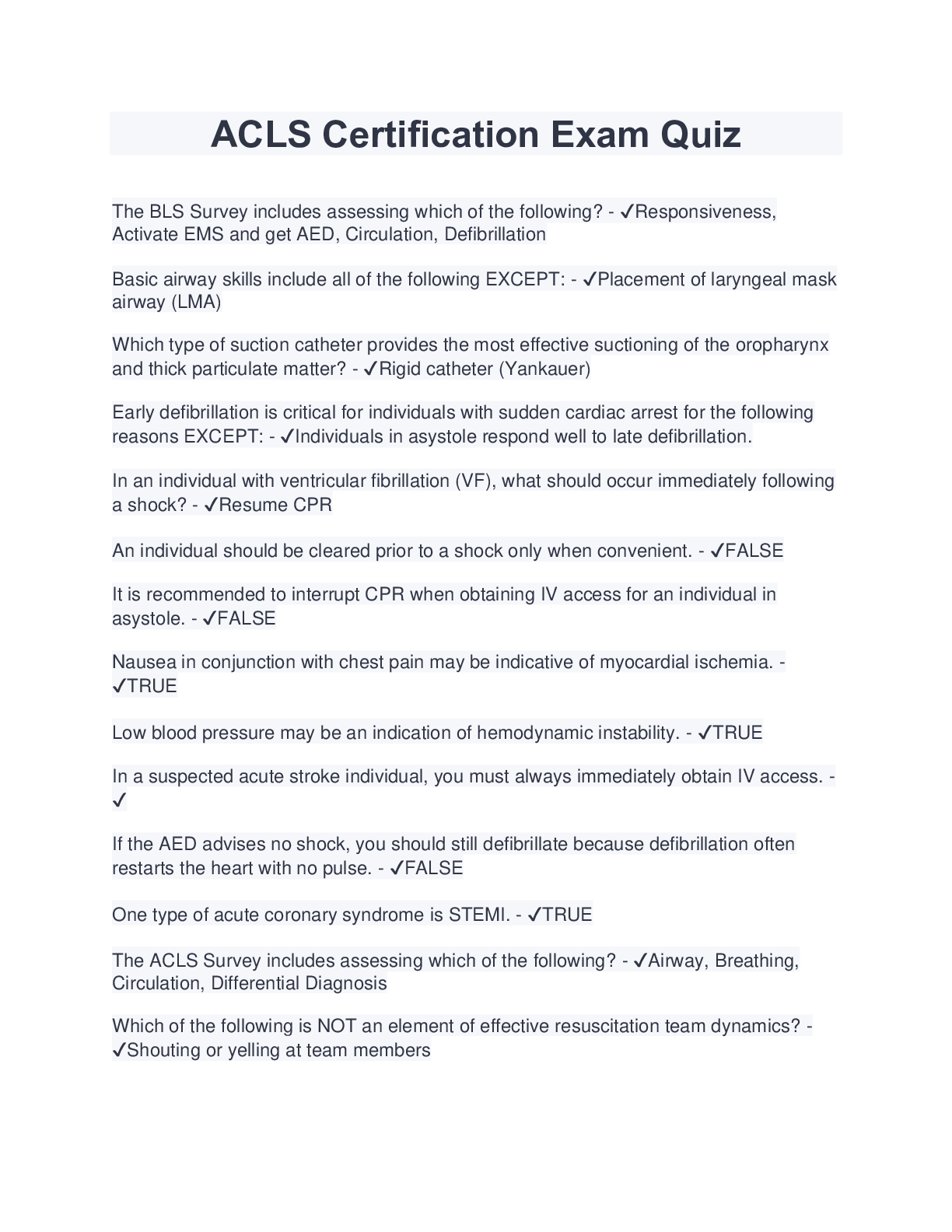 ACLS Certification Exam Quiz (Latest 2023/2024) Complete and Rated A ...