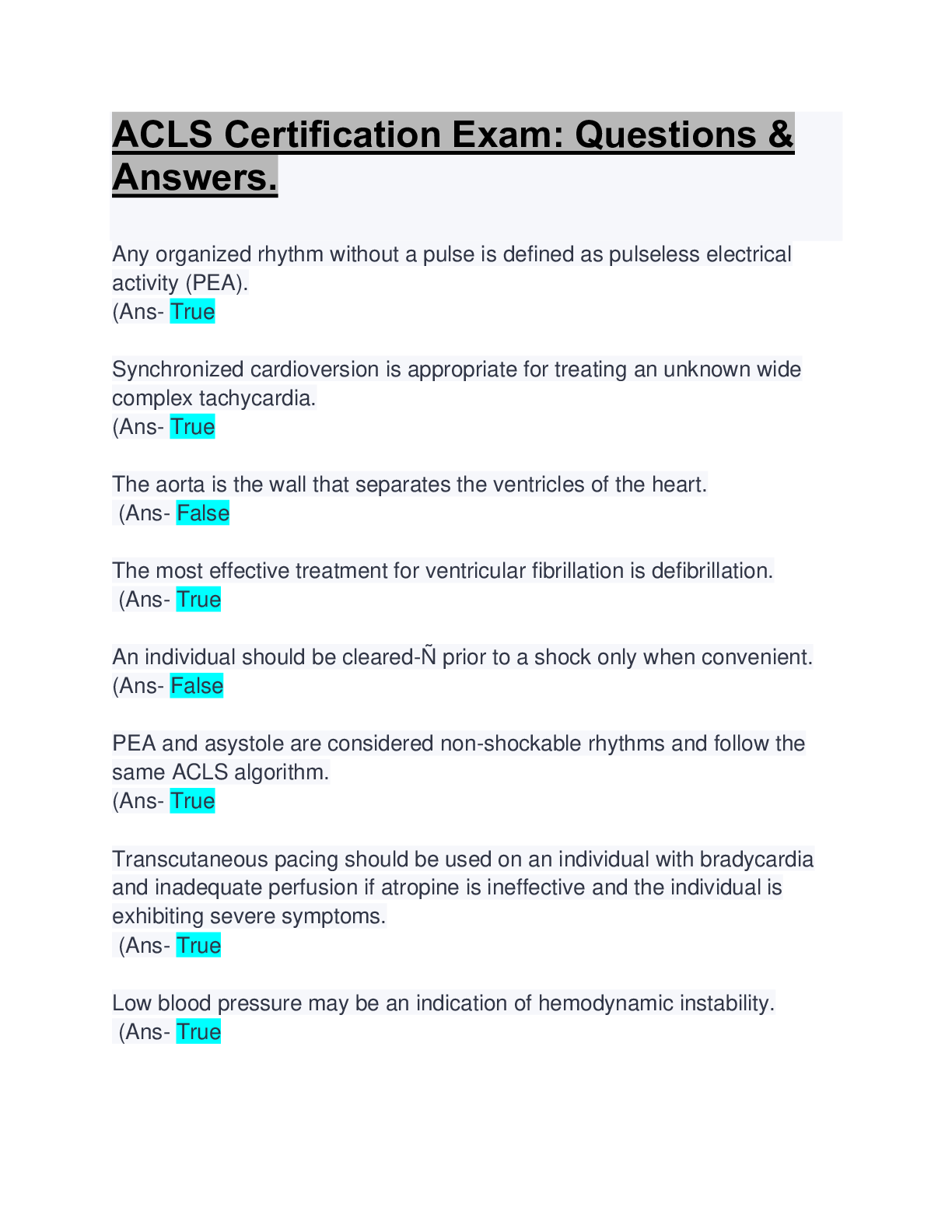 ACLS Certification Exam: Questions & Answers. 100% Verified: Latest ...