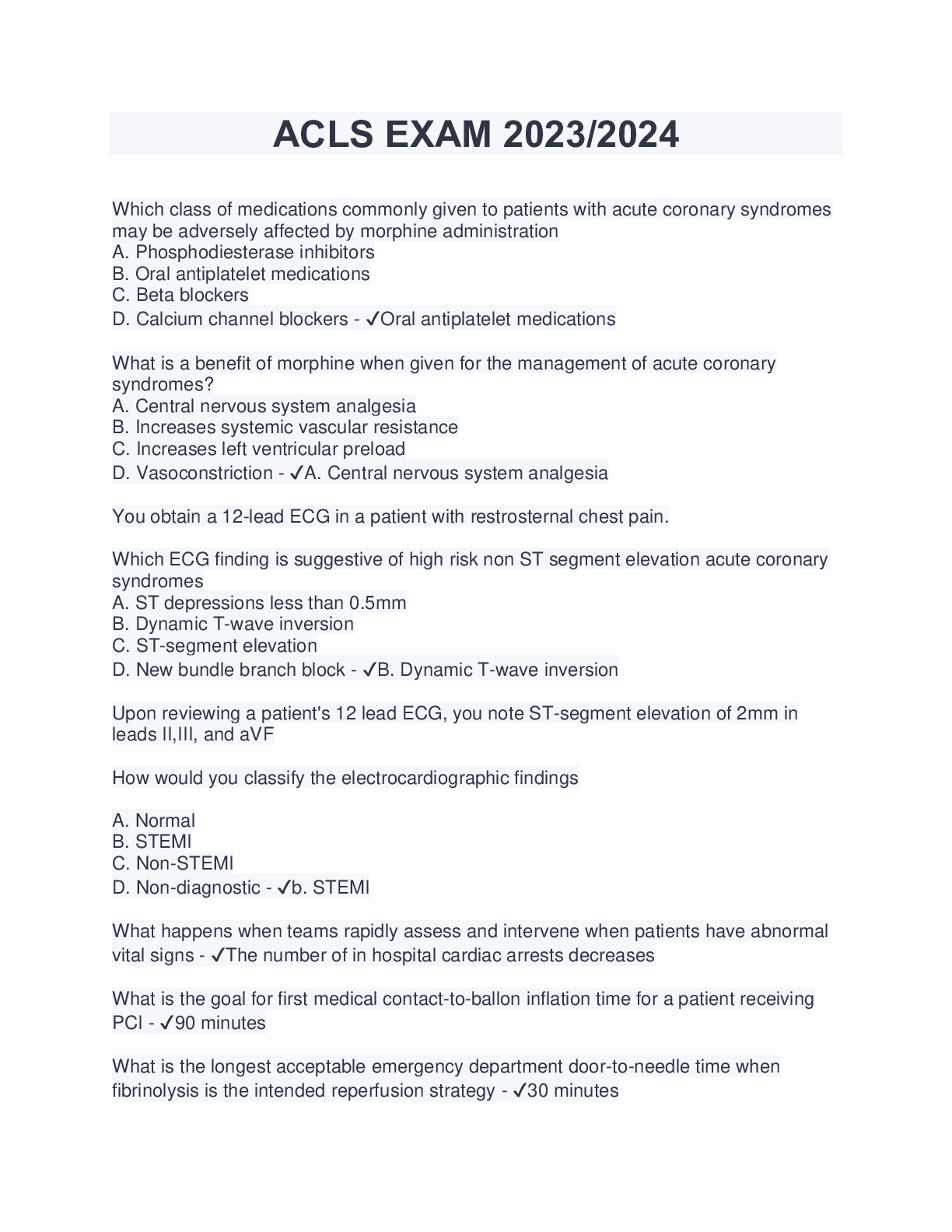 ACLS EXAM LATEST 2023/2024 (DOWNLOAD TO SCORE A) VERIFIED CONTENT ...