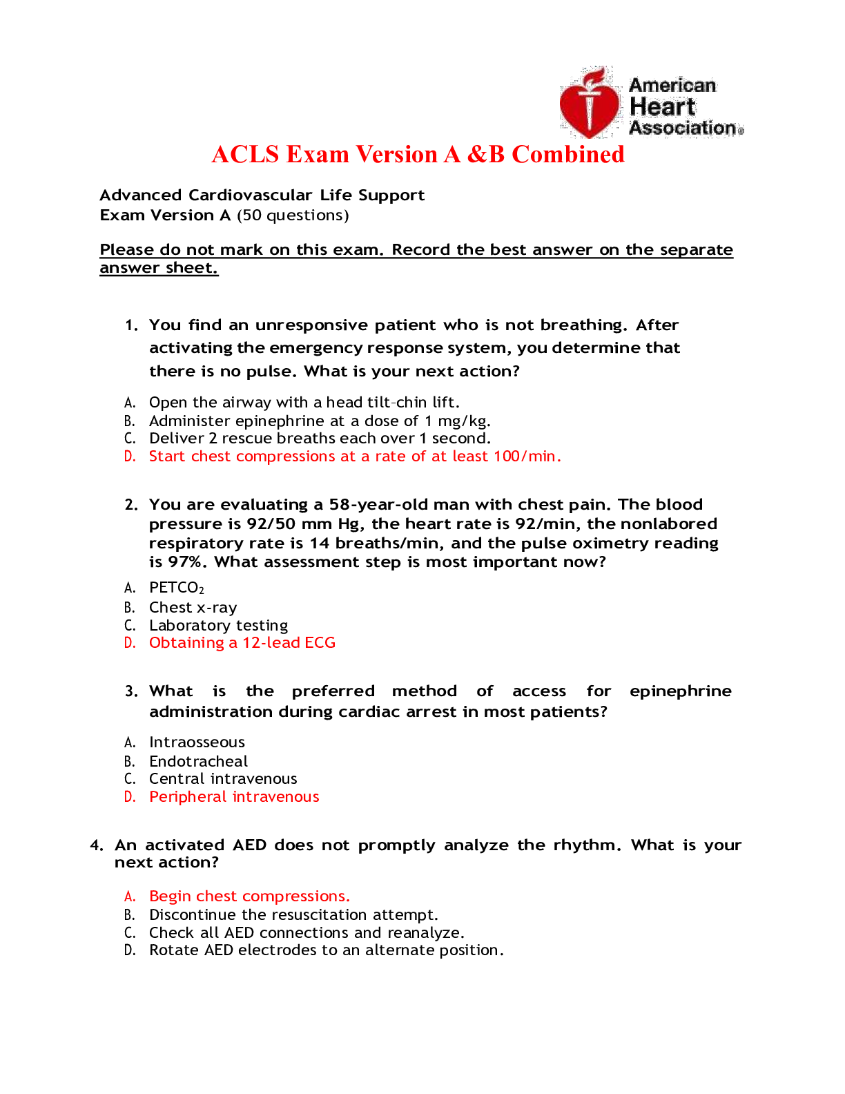 ACLS Exam Version A &B Combined Question and Answers – Scholarfriends ...