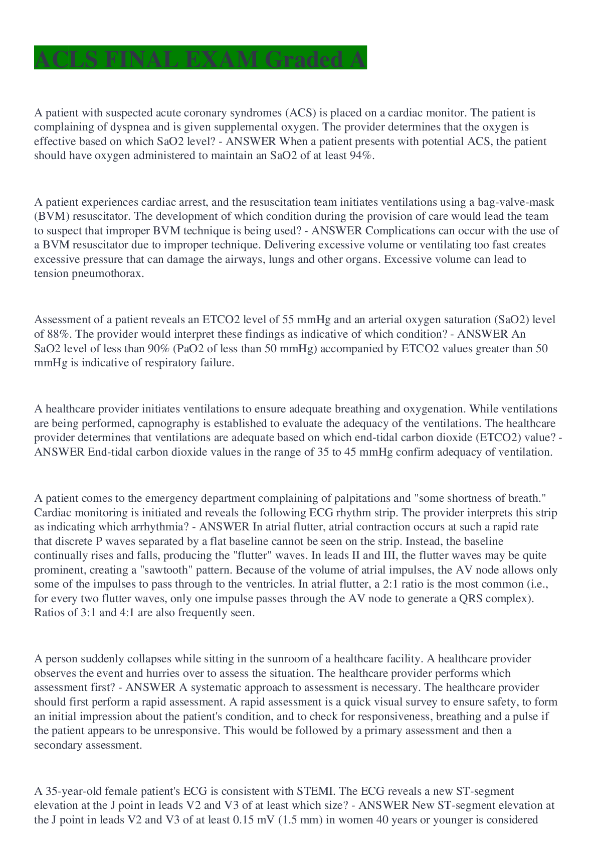 ACLS FINAL EXAM Solved 100% correct – Scholarfriends - Scholarfriends