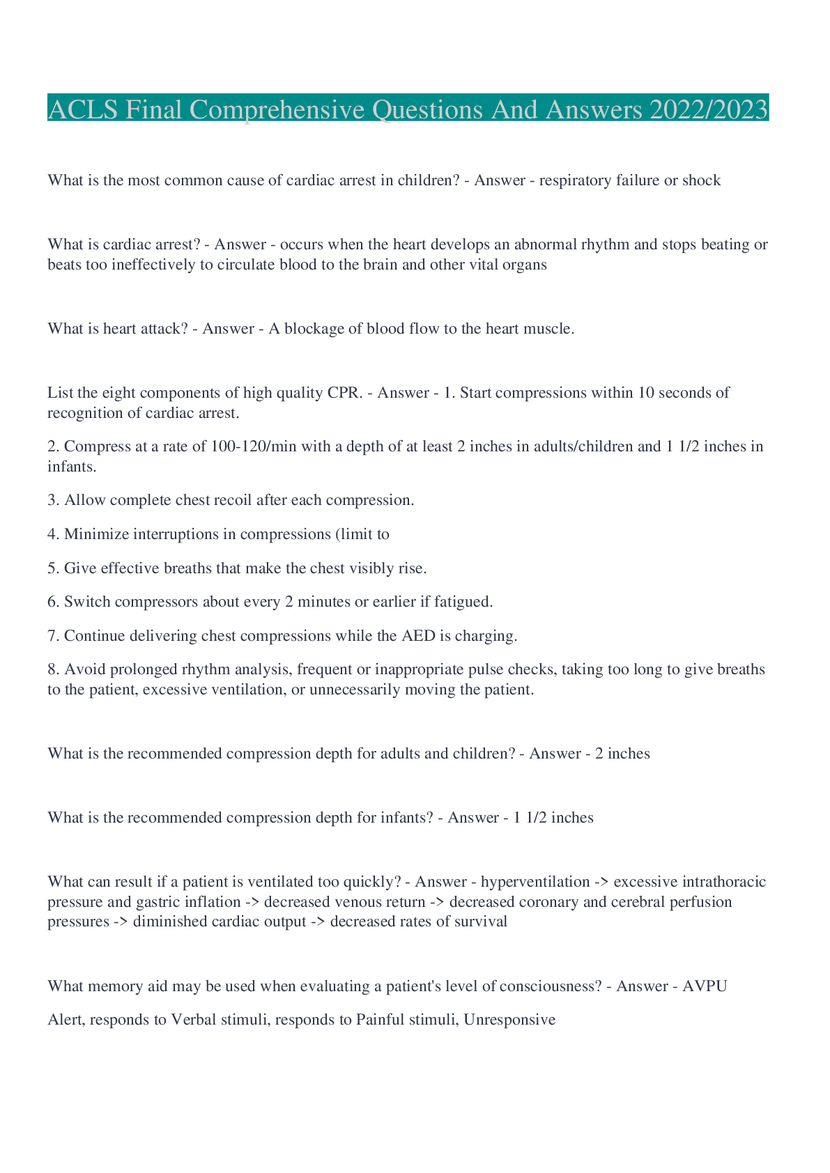 ACLS Final Comprehensive Questions And Answers 2022/2023 - Scholarfriends