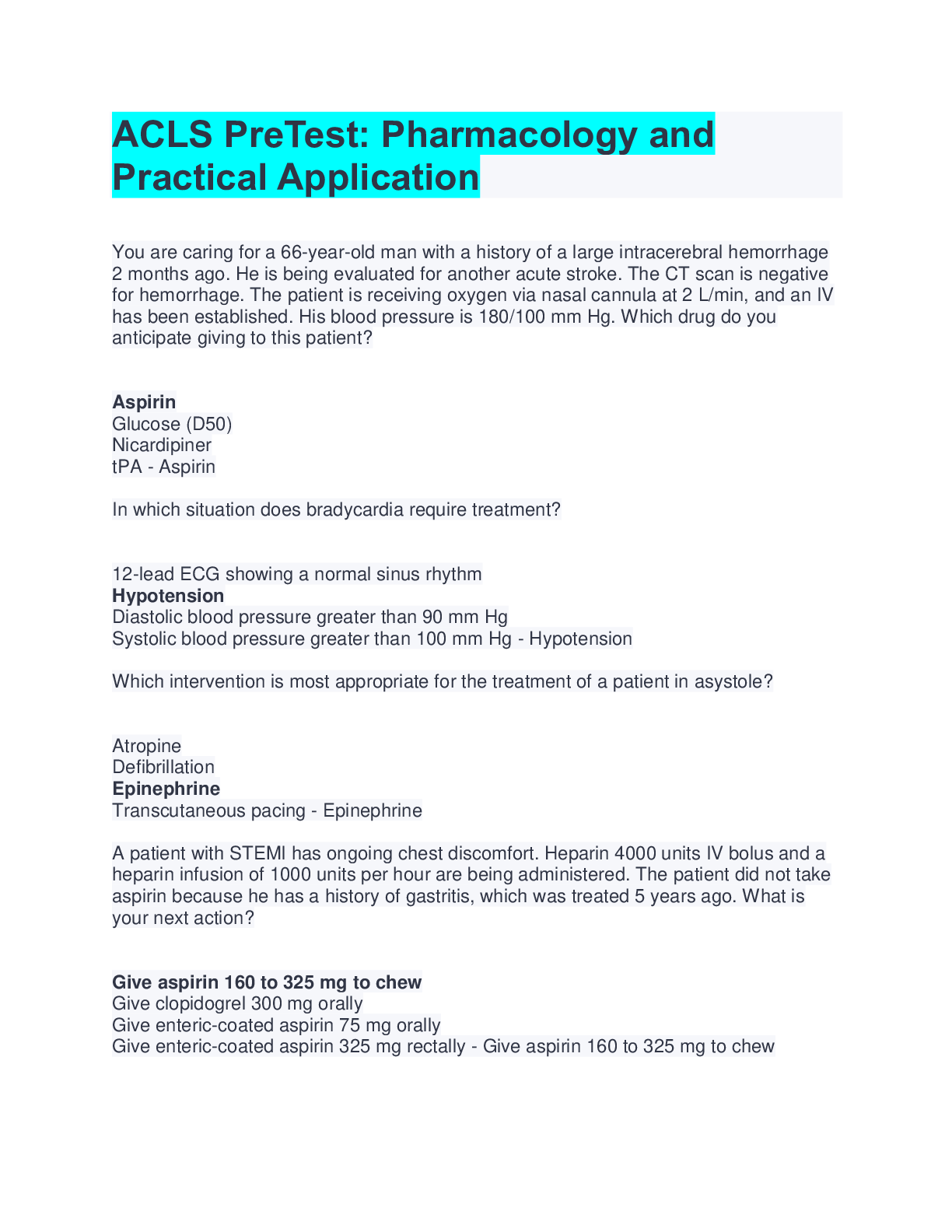 ACLS PreTest: Pharmacology and Practical Application Questions And ...