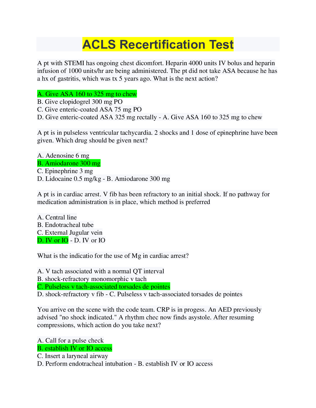 ACLS Recertification Test, updated 2022. - Scholarfriends