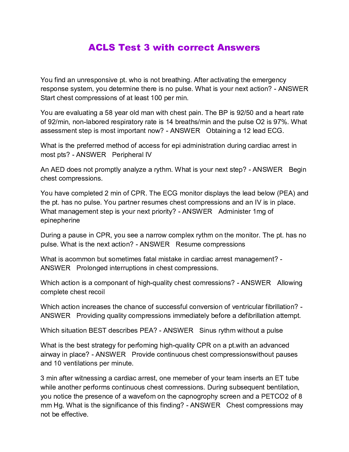 ACLS Test 3 with correct Answers - Scholarfriends