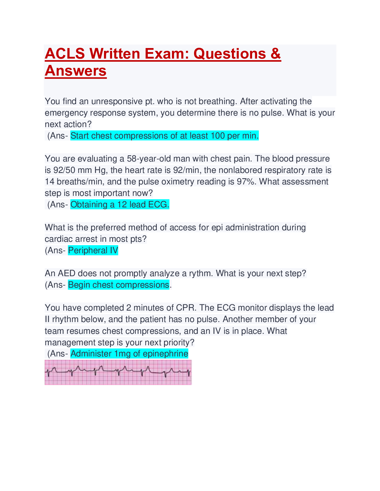 ACLS Written Exam: - Exam Questions And Answers 100%- Verified ...