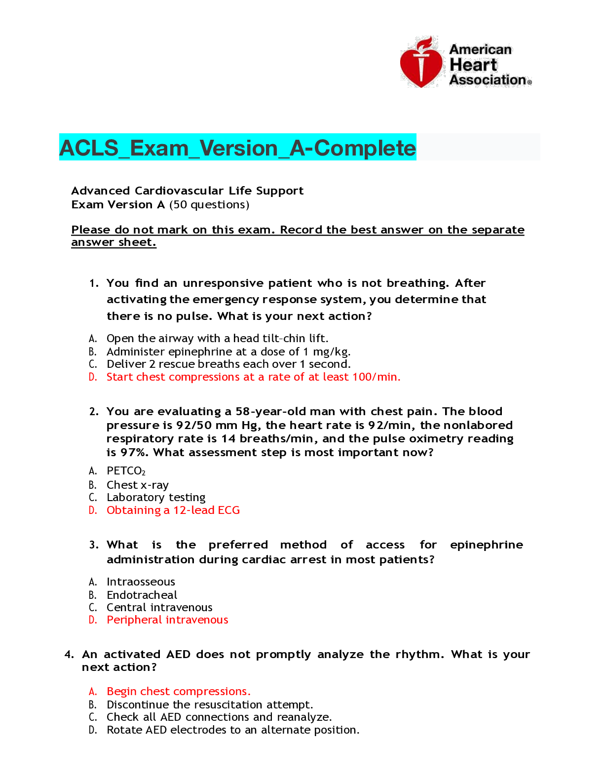 ACLS Exam Version A Complete pdf Scholarfriends