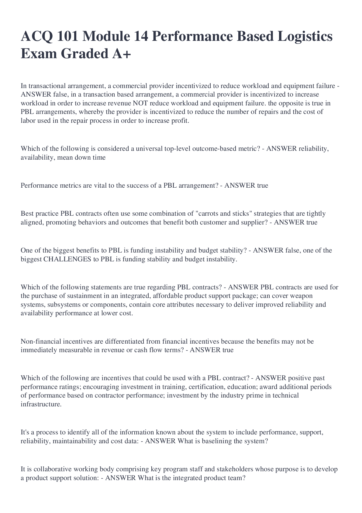 ACQ 101 Module 14 Performance Based Logistics Exam Graded A+ ...