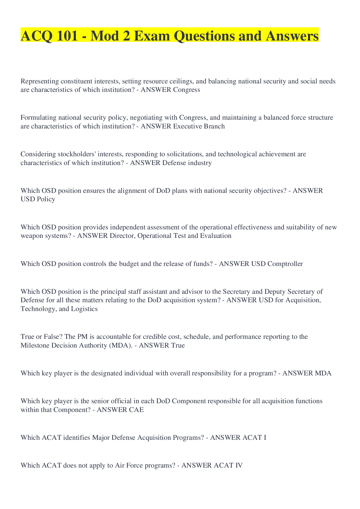 ACQ 101 - Mod 2 Exam Questions and Answers - Scholarfriends