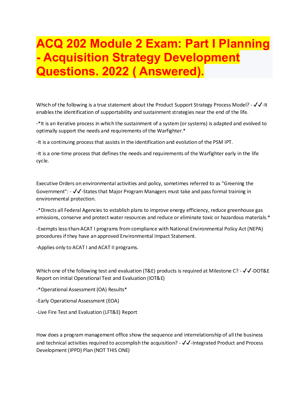 ACQ 202 Module 2 Exam: Part I Planning - Acquisition Strategy ...