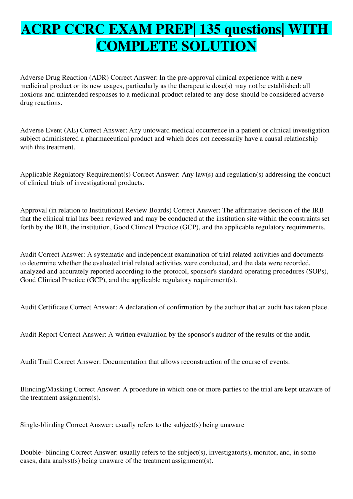 ACRP CCRC EXAM PREP| 135 questions| WITH COMPLETE SOLUTION - Scholarfriends