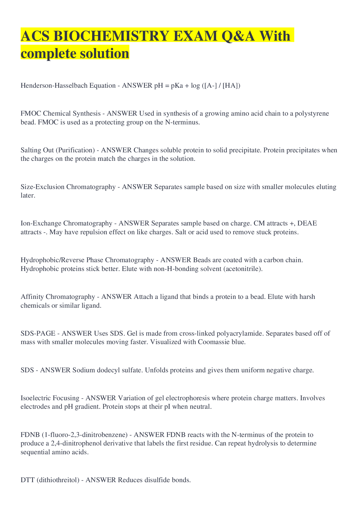 ACS BIOCHEMISTRY EXAM Q&A With complete solution - Scholarfriends