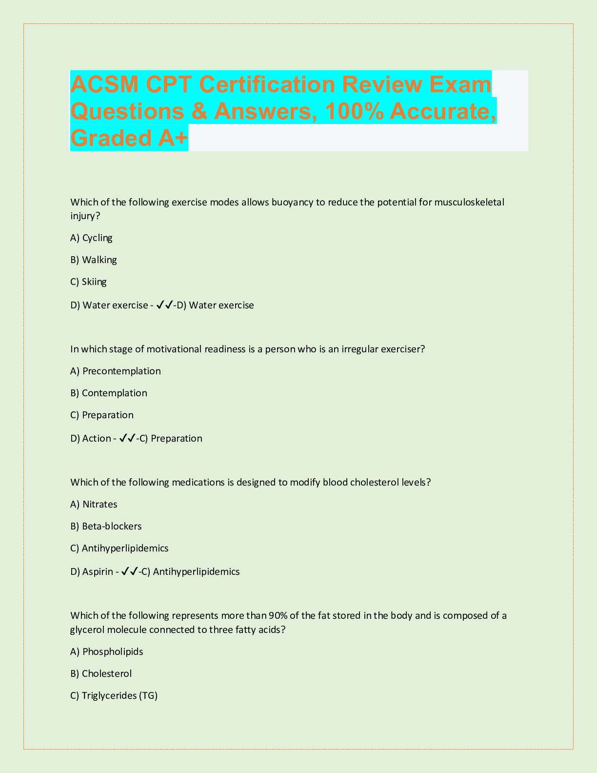 ACSM CPT Certification Review Exam Questions & Answers, 100% Accurate ...