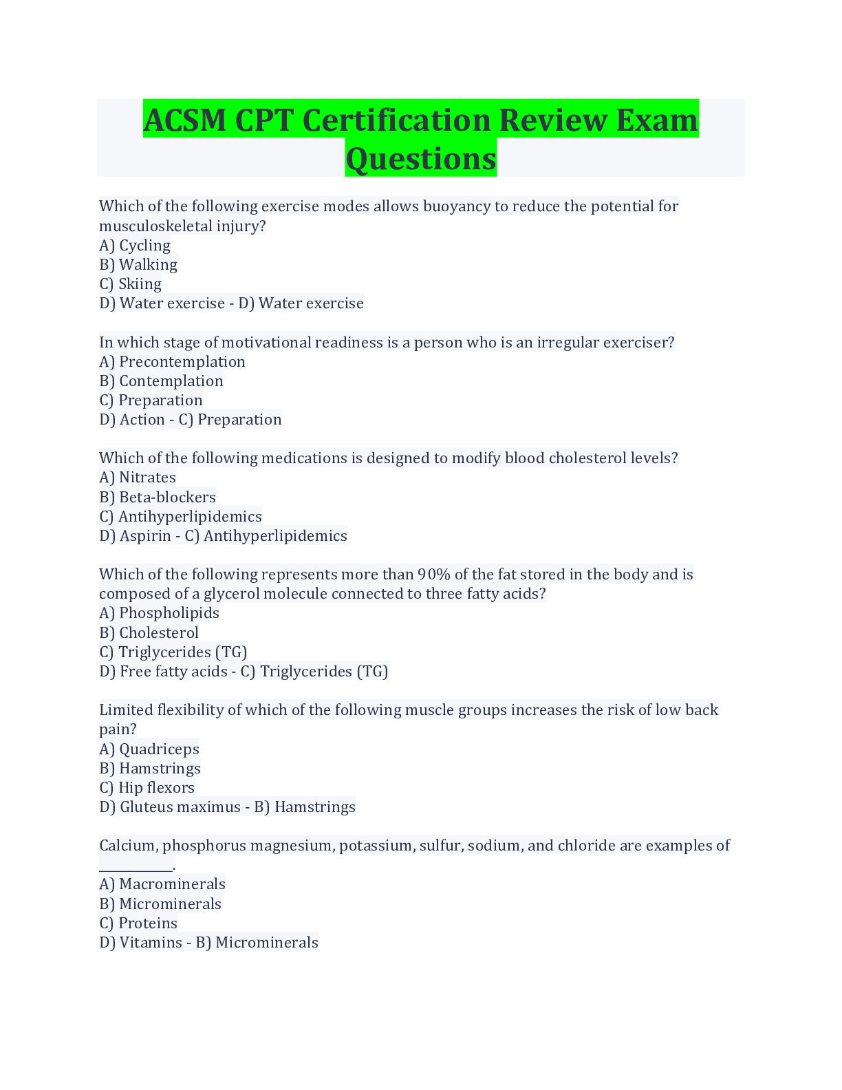 ACSM CPT Certification Review Exam Questions And Answers/ Download ...