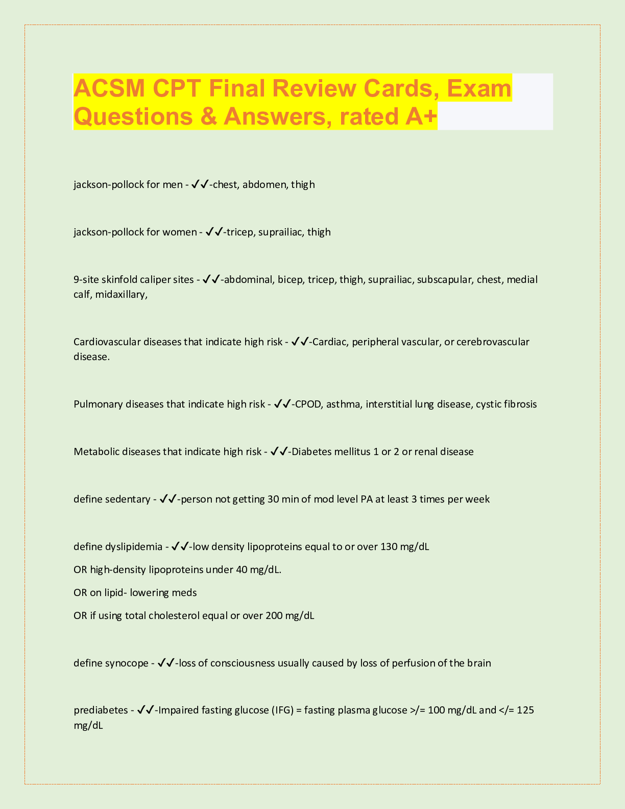ACSM CPT Final Review Cards, Exam Questions & Answers, rated A+ ...
