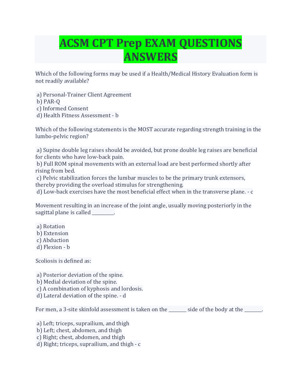 ACSM CPT Prep EXAM QUESTIONS ANSWERS/ 2022_2023 – Scholarfriends ...