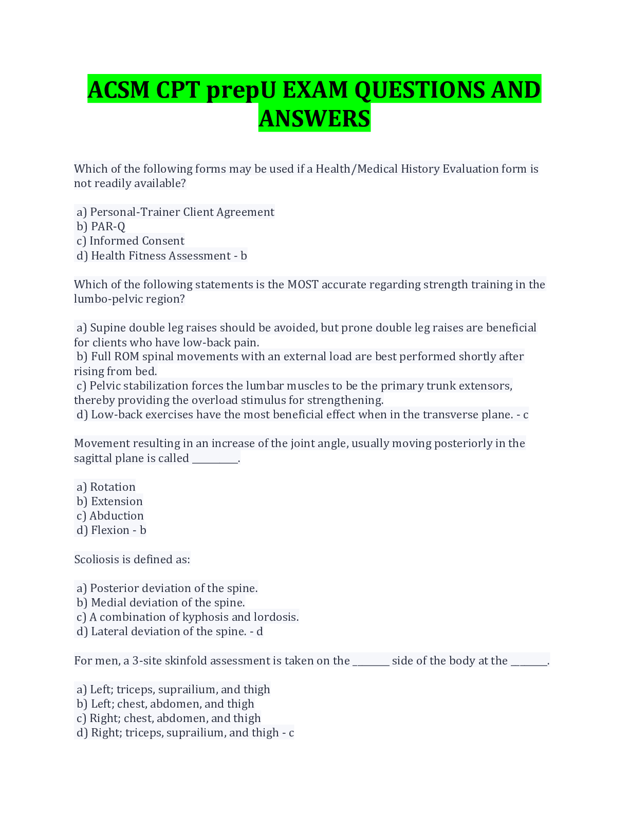 ACSM CPT prepU EXAM QUESTIONS AND ANSWERS COMPLETE SOLUTION RATED A ...