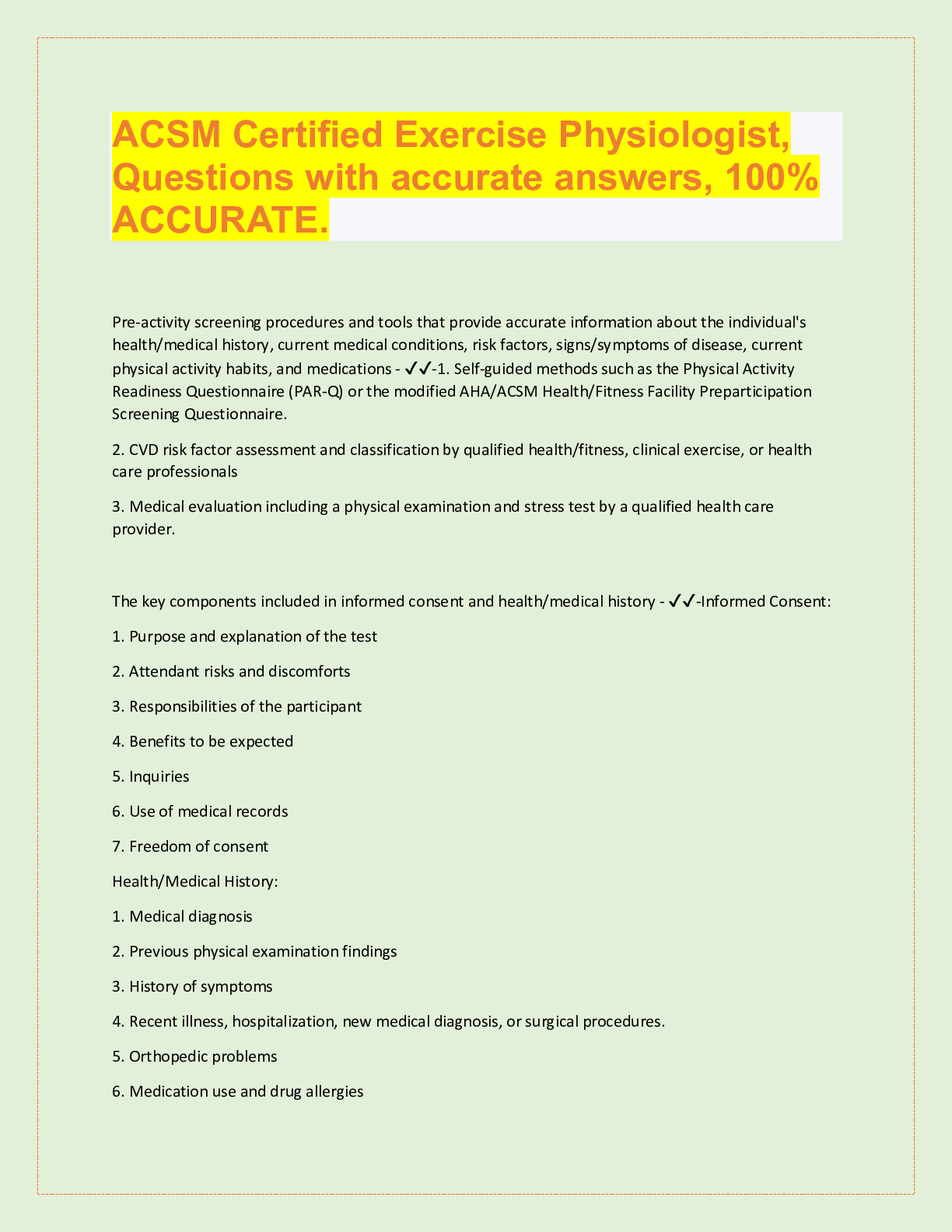 ACSM Certified Exercise Physiologist, Questions with accurate answers ...