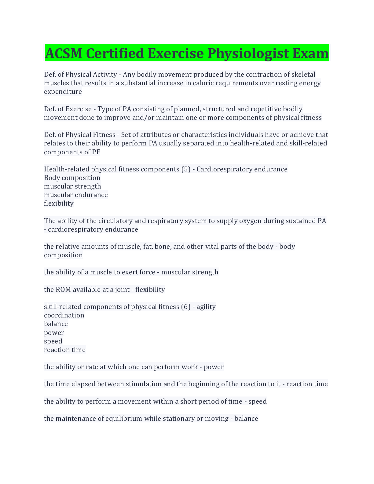 ACSM Certified Exercise Physiologist Exam Questions And Answers ...