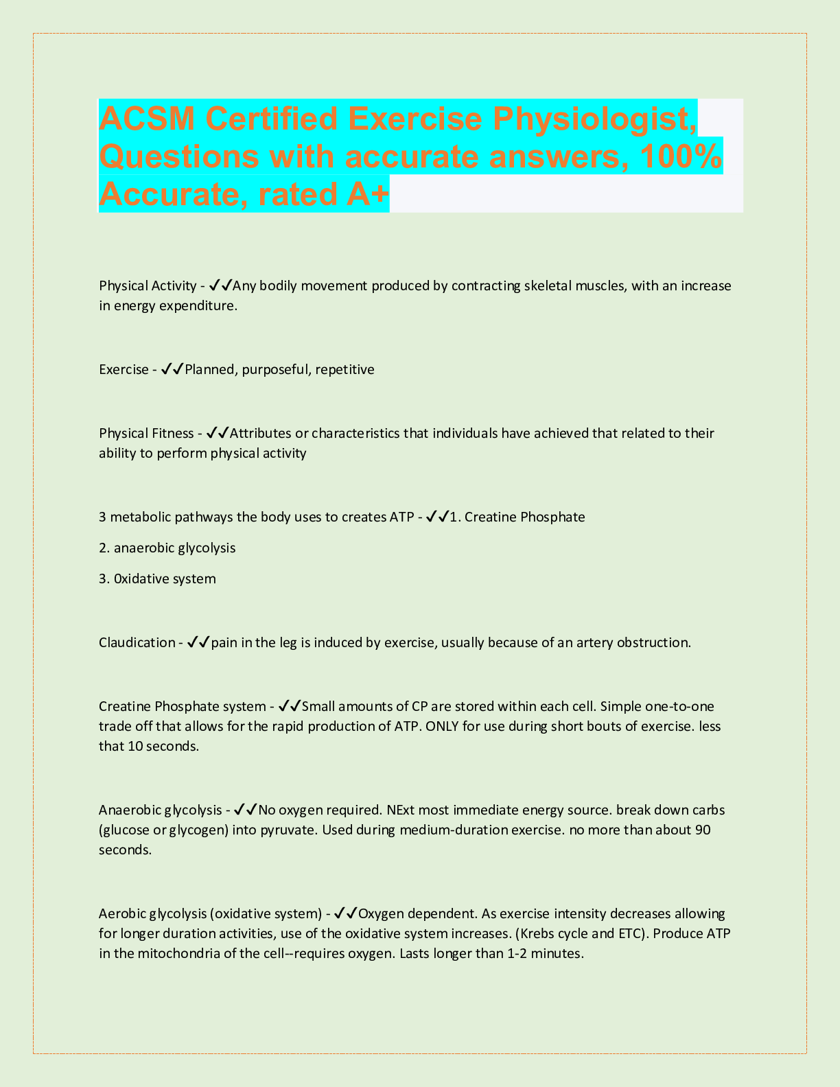 ACSM Certified Exercise Physiologist Terms And Explanation Latest ...