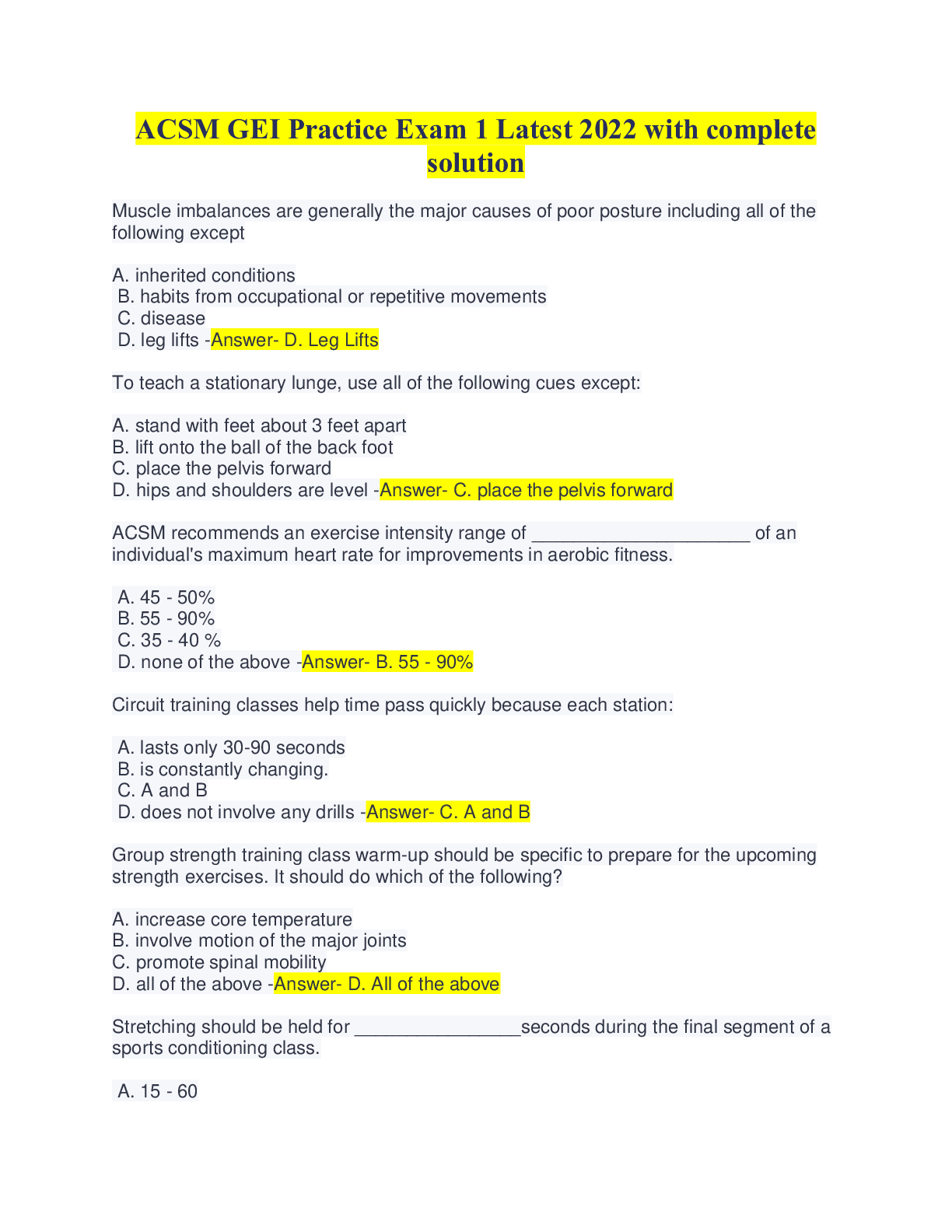 ACSM GEI Practice Exam 1 Lates 2022 with complete solution - Scholarfriends