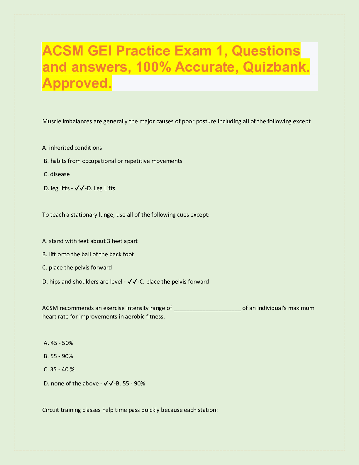 ACSM GEI Practice Exam 1 Questions And Answers( Multiple Choice ...