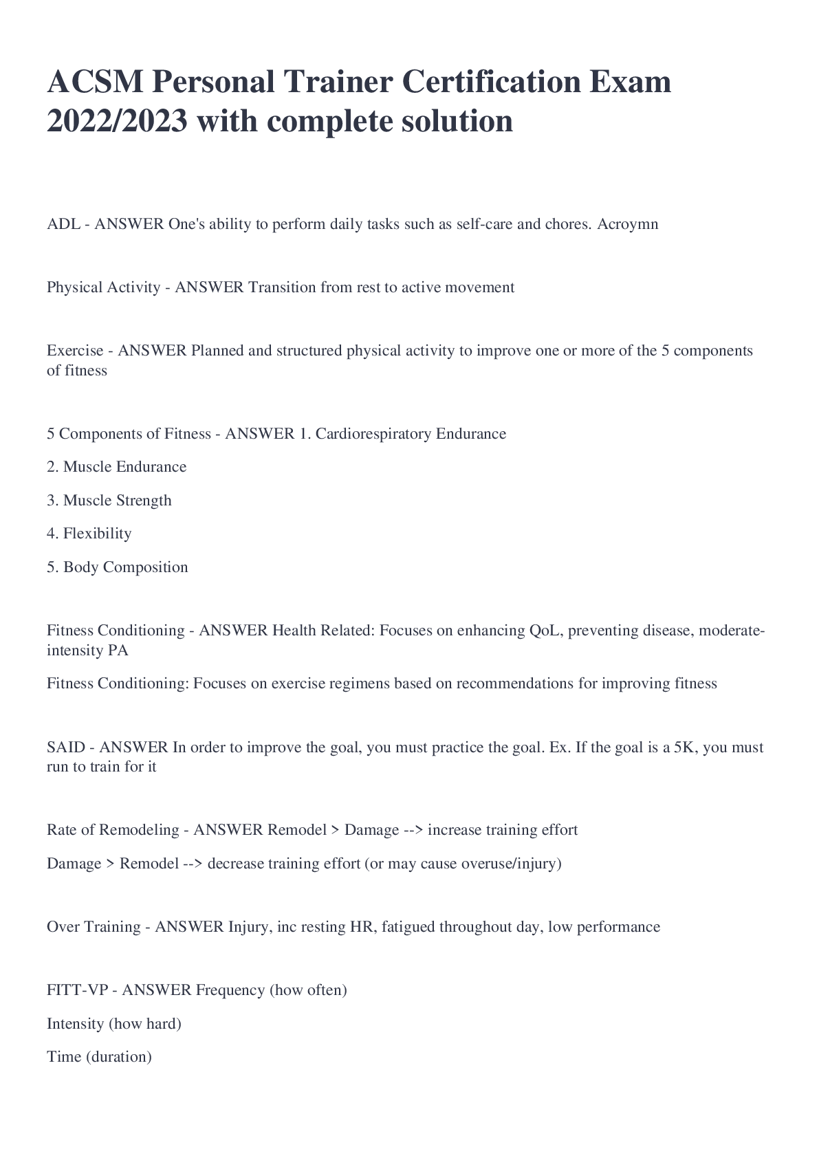 ACSM Personal Trainer Certification Exam 2022/2023 with complete ...